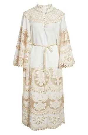 Zimmermann Scalloped Eyelet Trim Belted Linen Midi Dress