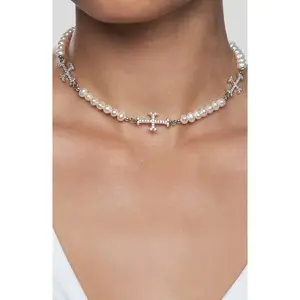 RIMOR JEWELRY Trio Adamas Cross Pearl Choker - White