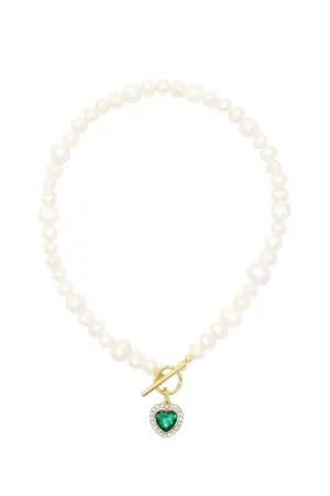 VELVET LUNA Heart Pearl Necklace - Green