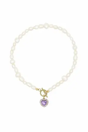 VELVET LUNA Heart Pearl Necklace - Lavender