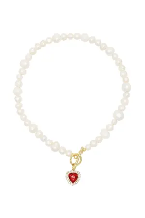 VELVET LUNA Heart Pearl Necklace - Red