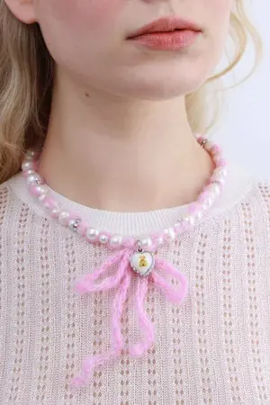 VELVET LUNA Cashmere Pearl Teddy Necklace - Pink
