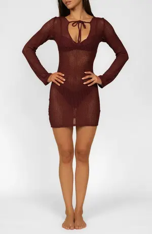 MONTCE Sophia Long-sleeve Cover-up Minidress - Maroon Crochet