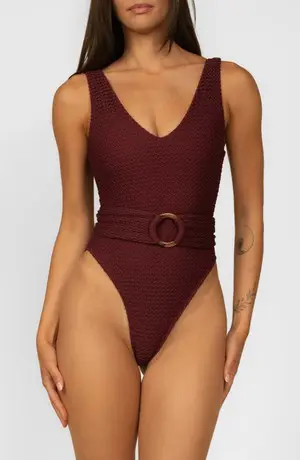 MONTCE Kim Belted One-piece Swimsuit - Maroon Crochet