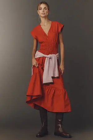 Maeve Cap-sleeve V-neck Smocked Midi Dress