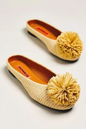 SIMONMILLER Pom Pom Woven Raffia Flats