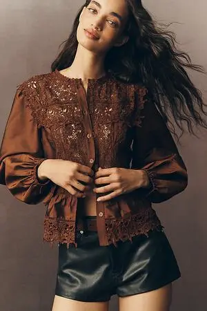 Anthropologie Eyelet Long-sleeve Blouse - Dark Brick