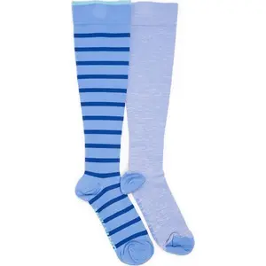 MUK LUKS Nylon Blend Compression Knee High Socks - 2 Pair Pack Wide Size Blue