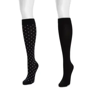MUK LUKS Nylon Blend Compression Knee High Socks 2 Pair Pack Wide Size - Ebony/dot