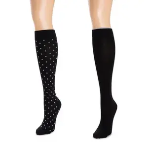 MUK LUKS Nylon Blend Compression Knee High Socks 2 Pair Pack Wide Size - Ebony/dot