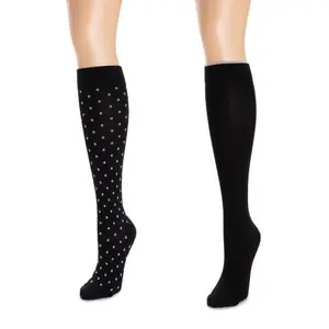 MUK LUKS Nylon Blend Compression Knee High Socks 2 Pair Pack Wide Size - Ebony/dot