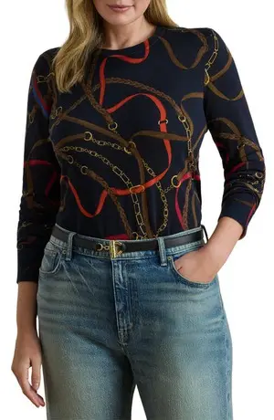 Ralph Lauren Belting Print Cotton Blend Sweater - Navy Multi