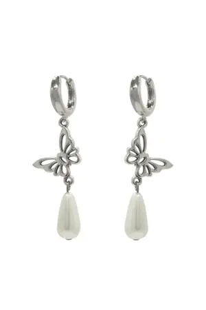 VELVET LUNA Pearl Dangle Huggie Earrings With Butterfly Charm - Silver