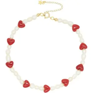 VELVET LUNA Pearl Choker With Ceramic Hearts - Red