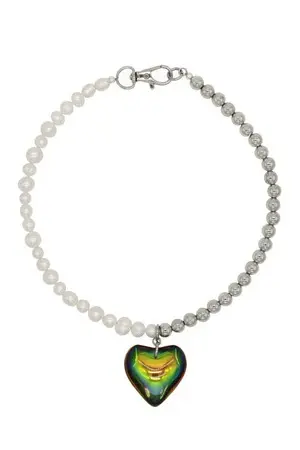 VELVET LUNA Freshwater Pearl And Steel Bead Necklace With Heart Charm - White