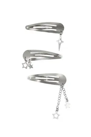 VELVET LUNA Steel Snap Hair Clips With Star Charms Set Of 3 - Silver