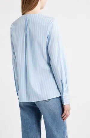 Rag & Bone Asher Stripe Pleated Cotton Blouse - Light Blue Stripe