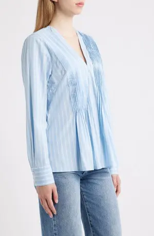 Rag & Bone Asher Stripe Pleated Cotton Blouse - Light Blue Stripe