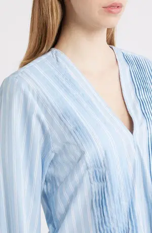 Rag & Bone Asher Stripe Pleated Cotton Blouse - Light Blue Stripe