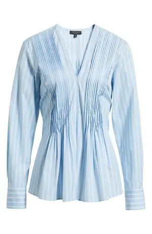 Rag & Bone Asher Stripe Pleated Cotton Blouse - Light Blue Stripe