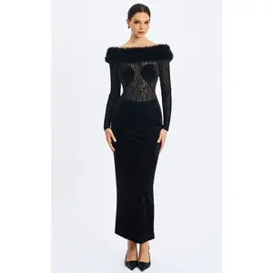 MISS CIRCLE NEW YORK Faux Fur Trimmed Velvet Maxi Dress - Black
