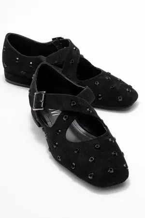 PROLOGUE SHOES Addison Cross Strap Mary Jane Shoes - Black Suede Faux Leather