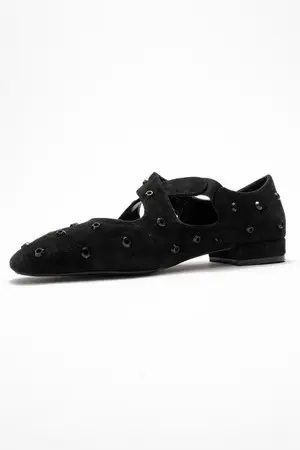 PROLOGUE SHOES Addison Cross Strap Mary Jane Shoes - Black Suede Faux Leather