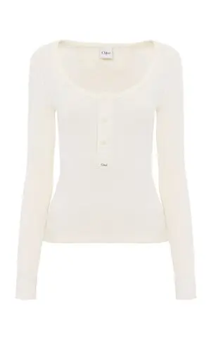 Chloé Cotton Jersey Ribbed Henley Top - Ivory