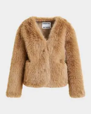 Essentiel Antwerp Faux Fur V-neck Jacket - Beige