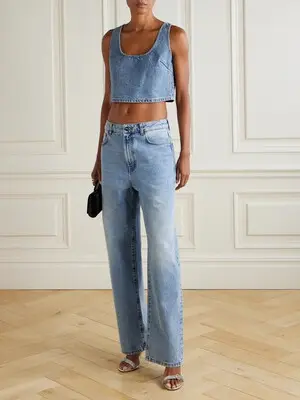 SELF-PORTRAIT Cropped Crystal-embellished Denim Top