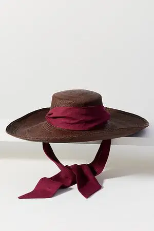 SENSI STUDIO Wide Brim Straw Hat With Ribbon Tie - Chocolate/wine