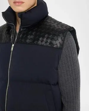 Bottega Veneta Tech Puffer Vest With Intrecciato Leather - Midniteblu