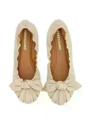 FERRAGAMO Bow Detail Ruched Ballet Flats - Neutrals