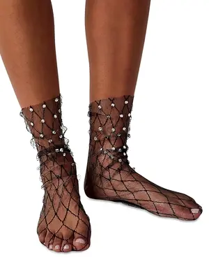 HIGH HEEL JUNGLE Faux Diamonds & Pearls Sheer Socks - Black