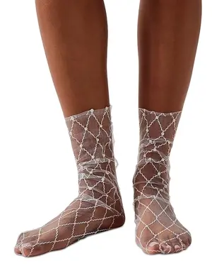 HIGH HEEL JUNGLE Faux Diamonds & Pearls Sheer Socks - White
