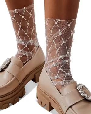 HIGH HEEL JUNGLE Faux Diamonds & Pearls Sheer Socks - White