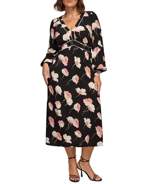 LIVE UNLIMITED Floral Print Piping Detail Midi Dress - Black