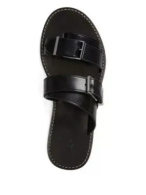 Polo Ralph Lauren Leather Embossed Pony Logo Flat Slip-on Sandals - Black