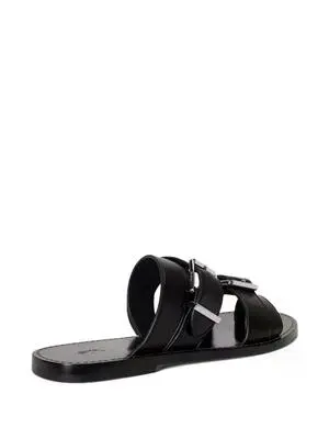 Polo Ralph Lauren Leather Embossed Pony Logo Flat Slip-on Sandals - Black