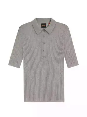 BOSS Ribbed Button Polo Top - Grey