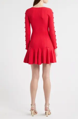 LoveShackFancy Seychelle Bow Long Sleeve Knit Minidress - Candy Apple