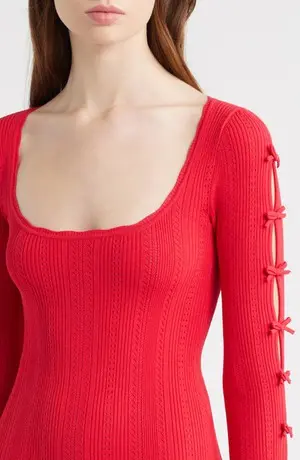 LoveShackFancy Seychelle Bow Long Sleeve Knit Minidress - Candy Apple