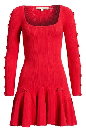 LoveShackFancy Seychelle Bow Long Sleeve Knit Minidress - Candy Apple