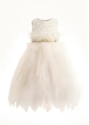TULLEEN Feathered Tulle Party Dress - Cream