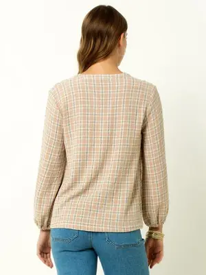 SINGLE STITCH Plaid V-neck Peasant Blouse - Port Royale