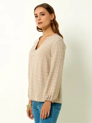 SINGLE STITCH Plaid V-neck Peasant Blouse - Port Royale