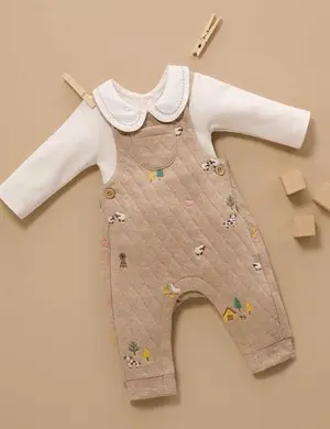 PUREBABY Quilted Overall And Bodysuit Set - Farm Friends Broderie