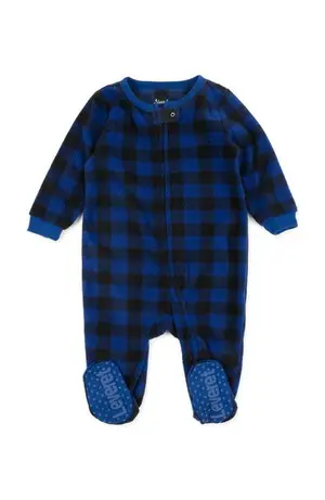 LEVERET Fleece Footed Printed Pajamas - Plaid Black & Navy