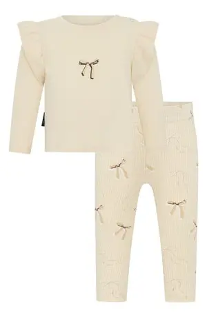 TINY TRIBE Bow Print Ruffle Top & Stripe Leggings Set - Cream