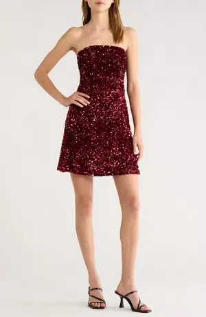 ALL IN FAVOR Strapless Sequin Minidress - Wine
